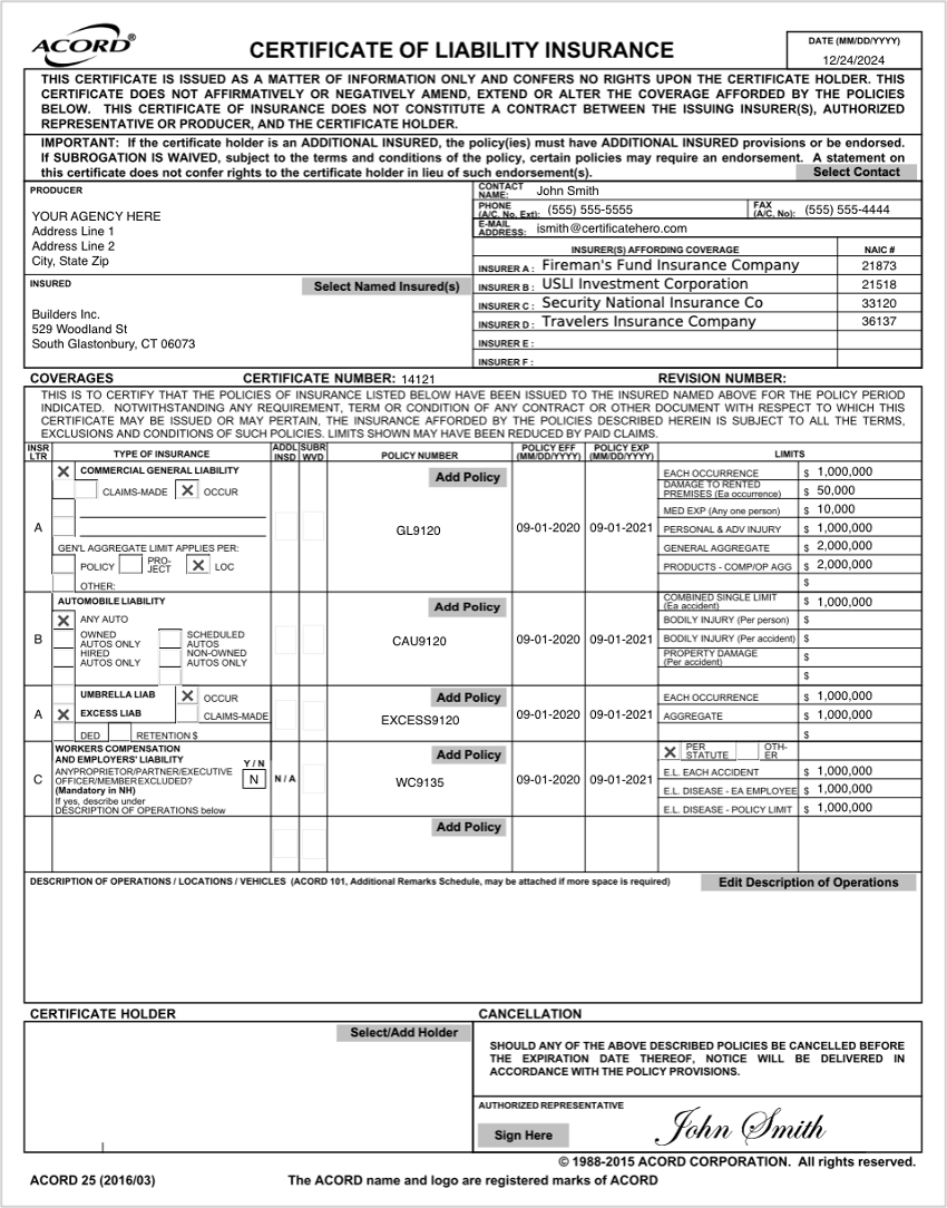 Blank ACORD Form | COI Template