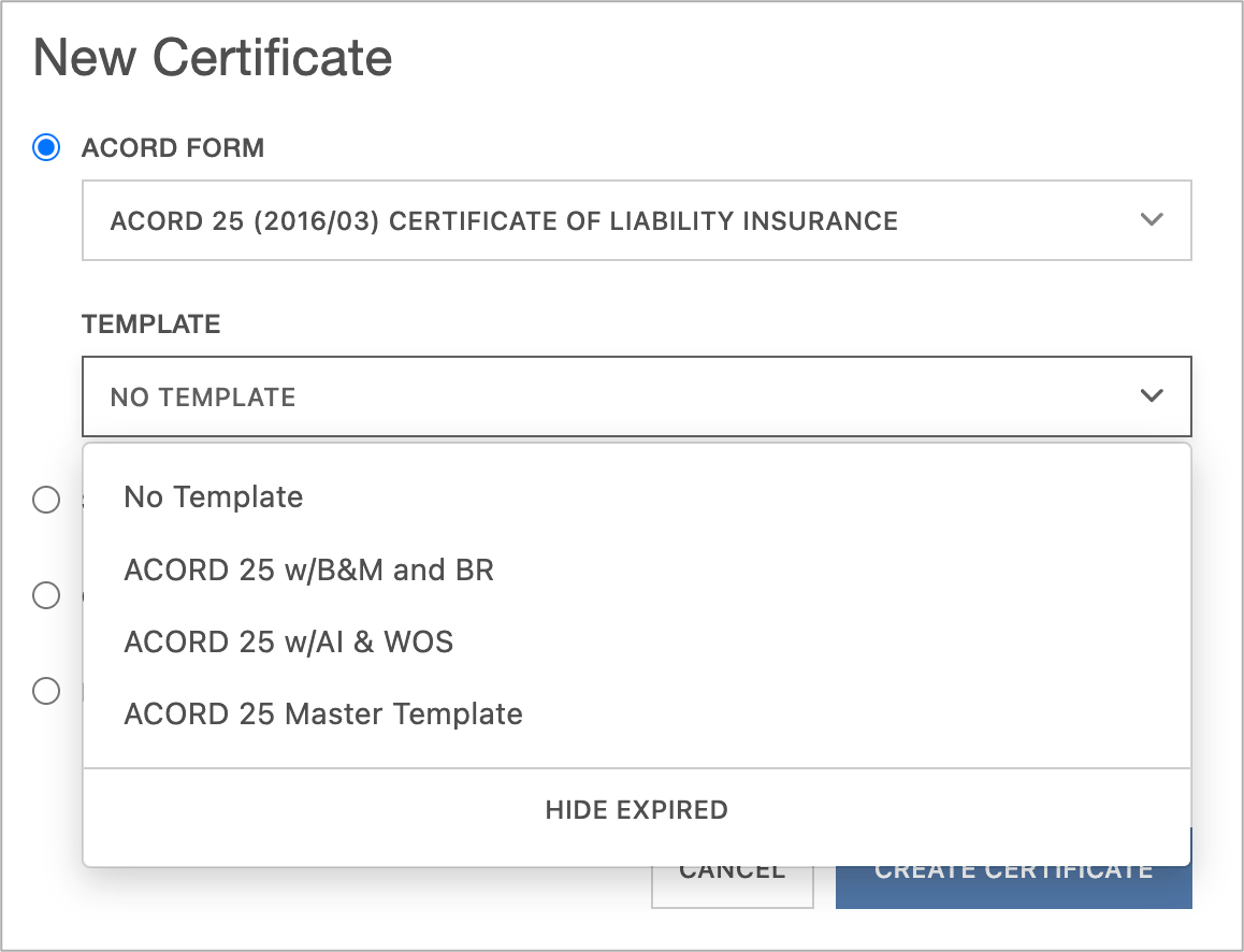 COI Templates Menu Overview